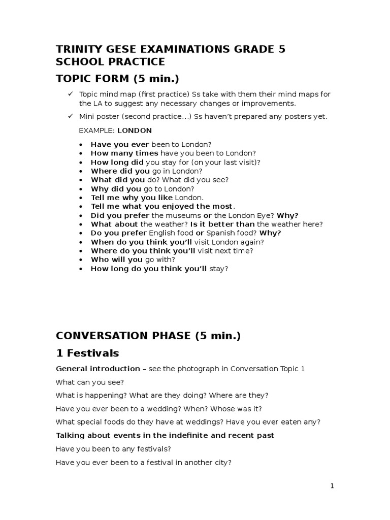 Trinity Gese Examinations Grade 5 School Practice TOPIC FORM (5 Min ...