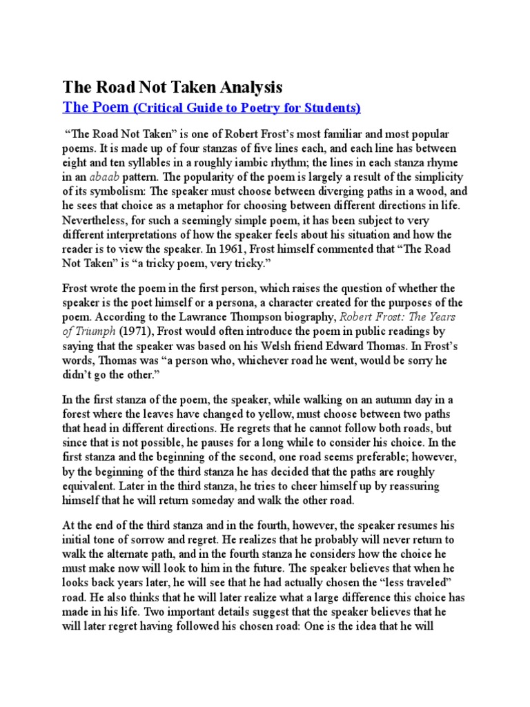 Analysis of Frost's "The Road Not Taken" | PDF | Poetry