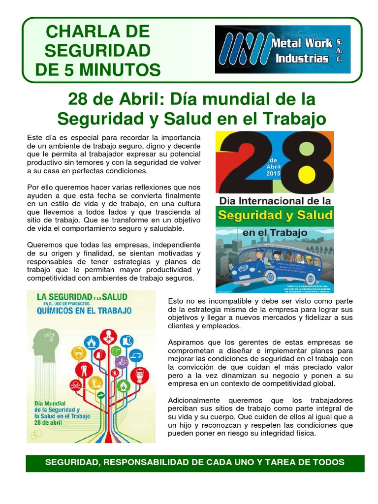 Charla De Seguridad Sobre El Dia De La Seguridad Y Salud En El Trabajo