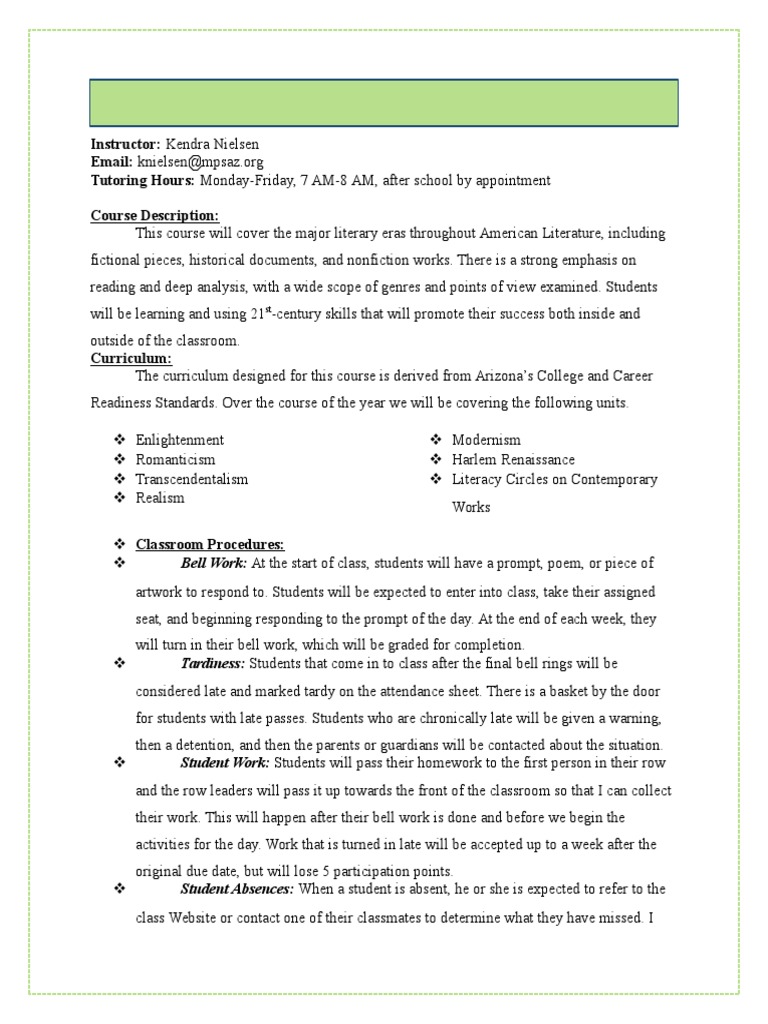Sample 11th Grade Honors Language Arts Syllabus | PDF | Homework ...