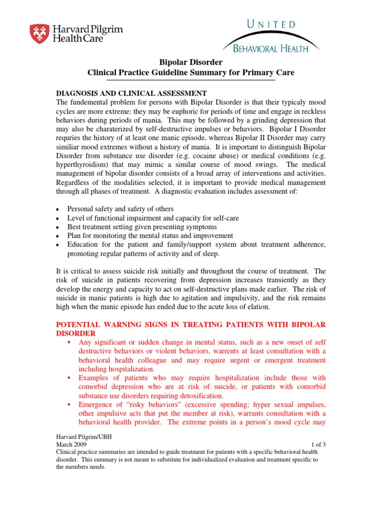 Bipolar Disorder Clinical Practice Guideline Summary For Primary Care ...