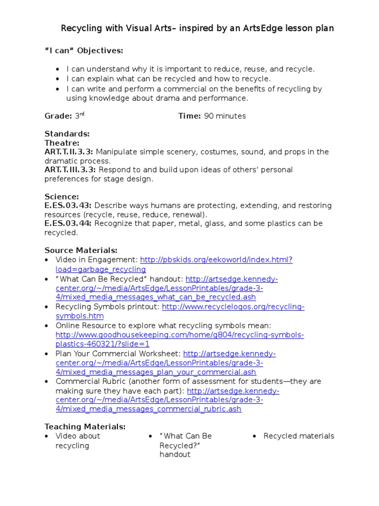 Recycling With Visual Arts - Inspired by An Artsedge Lesson Plan | PDF ...