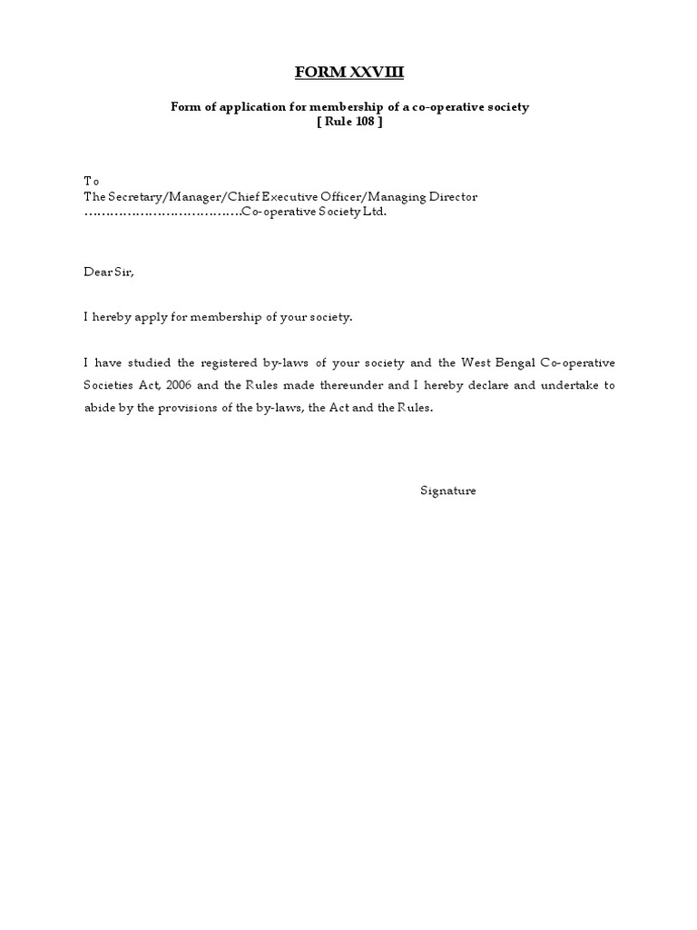 Form Xxviii: Form of Application For Membership of A Co-Operative ...
