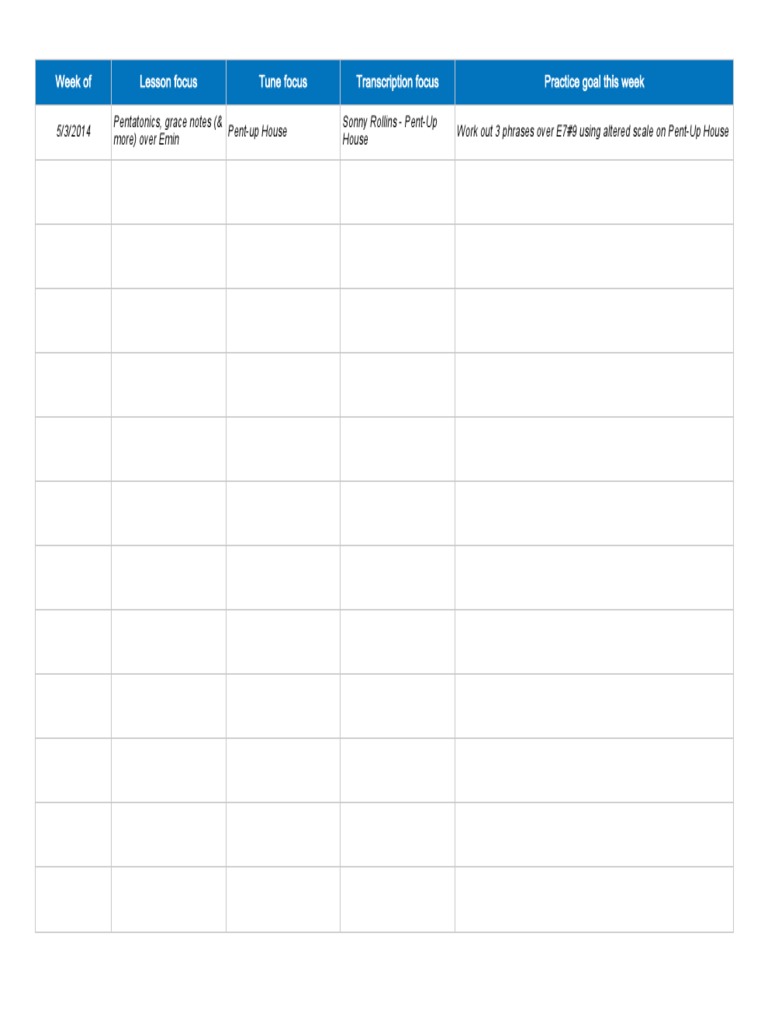 Week of Lesson Focus Tune Focus Transcription Focus Practice Goal This ...