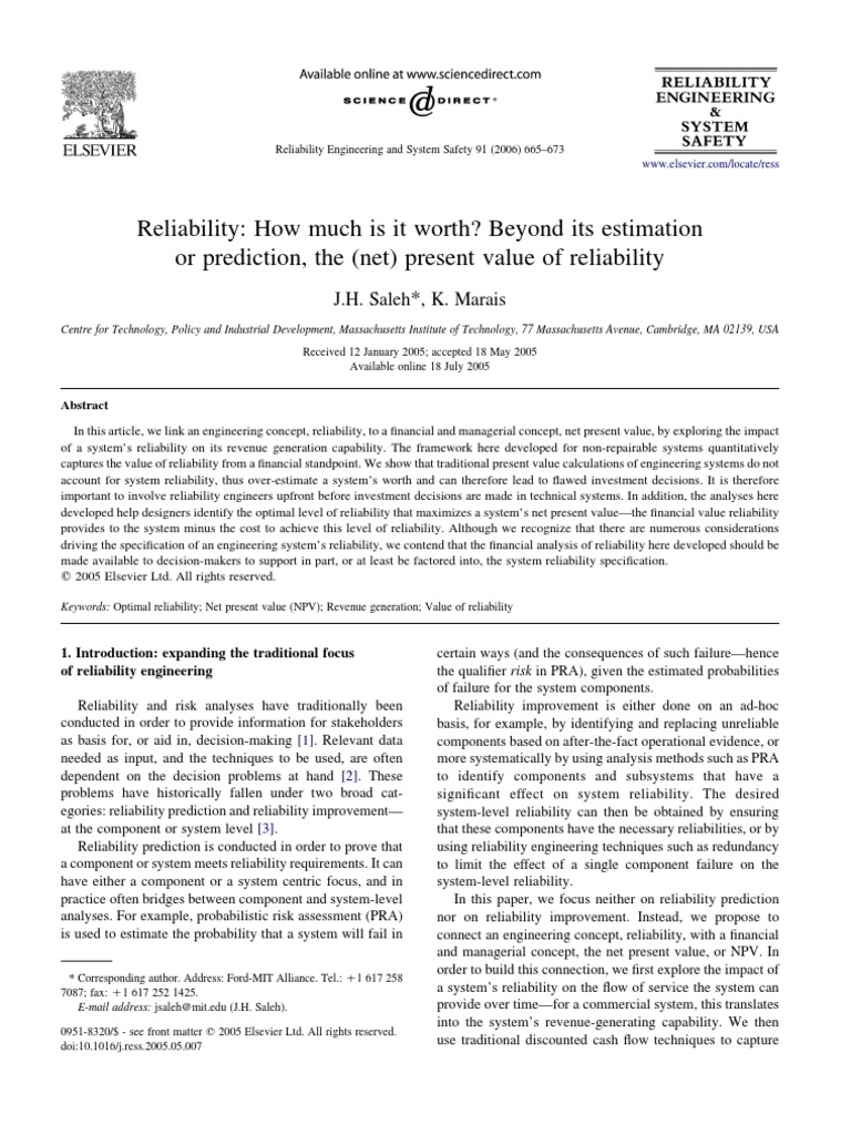 Reliability: How Much Is It Worth? Beyond Its Estimation or Prediction, The (Net) Present Value ...