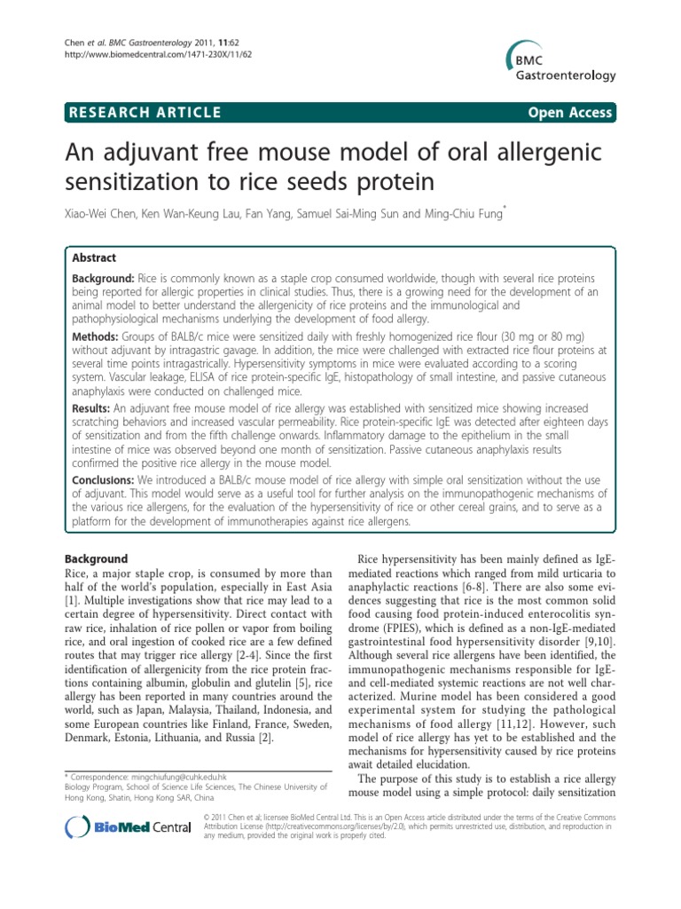 An Adjuvant Free Mouse Model of Oral Allergenic Sensitization To Rice ...