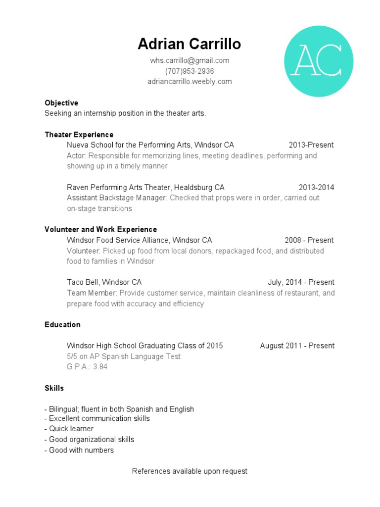 Adrian Carrillo's Theater Internship Resume | PDF | Career & Growth