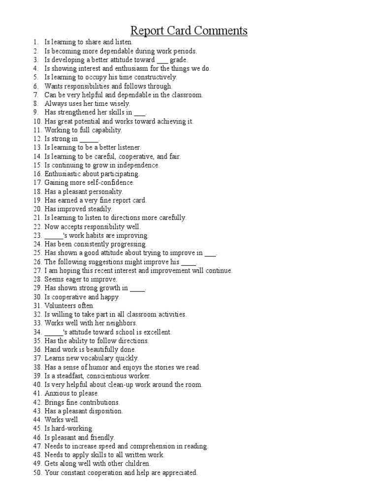 Report Card Comments | PDF | Homework | Phonics