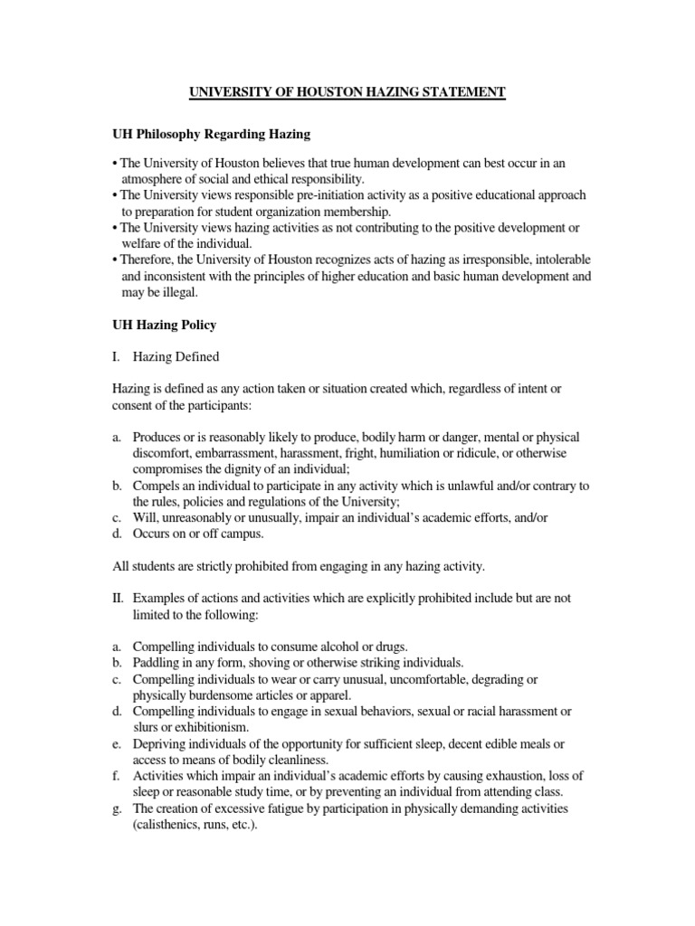 University of Houston Hazing Statement | PDF | Ethical Principles ...