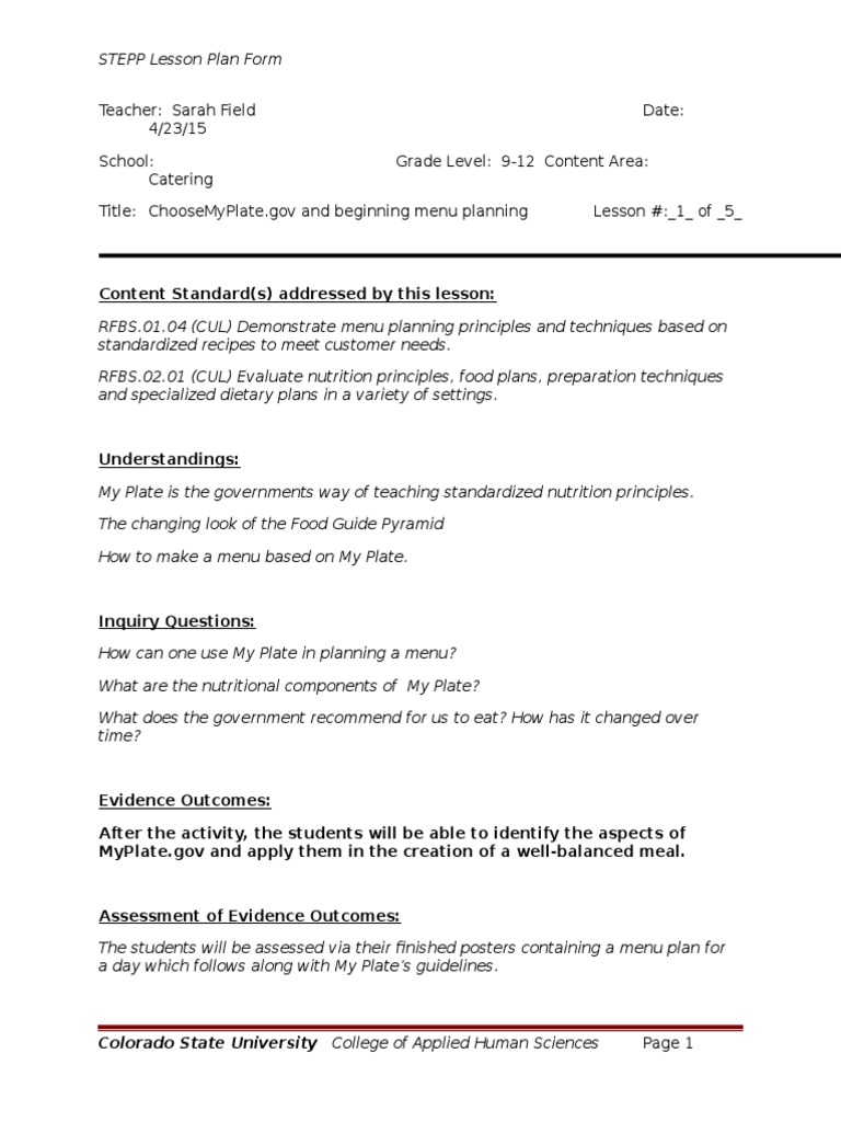 Myplate Lessonplan | PDF | Lesson Plan | Menu