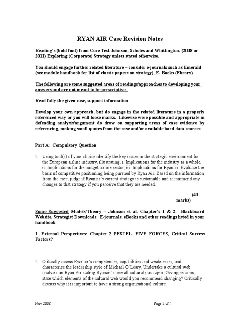 Ryanair Case Revision Notes | PDF | Strategic Management | Swot Analysis