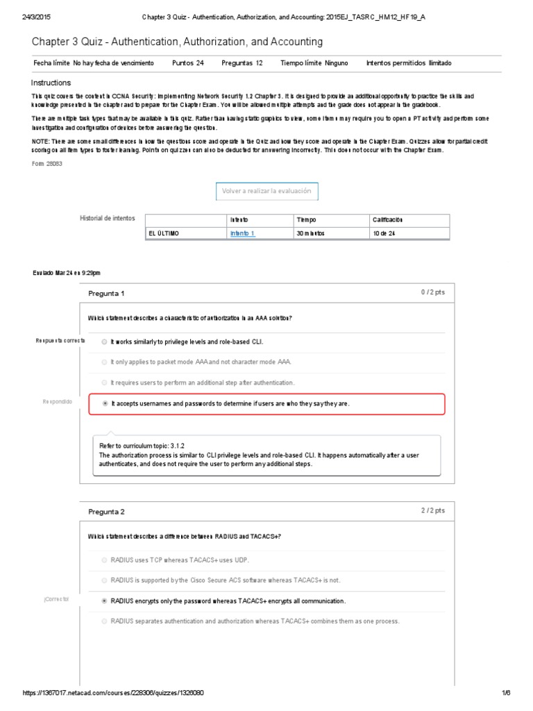 Chapter 3 Quiz - Authentication, Authorization, and Accounting - 2015EJ - TASRC - HM12 - HF19 ...