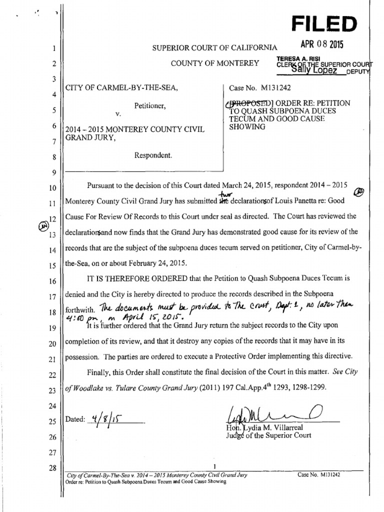 ORDER RE Petition To Quash Subpoena (M131242) 4-8-2015 | PDF | Subpoena ...