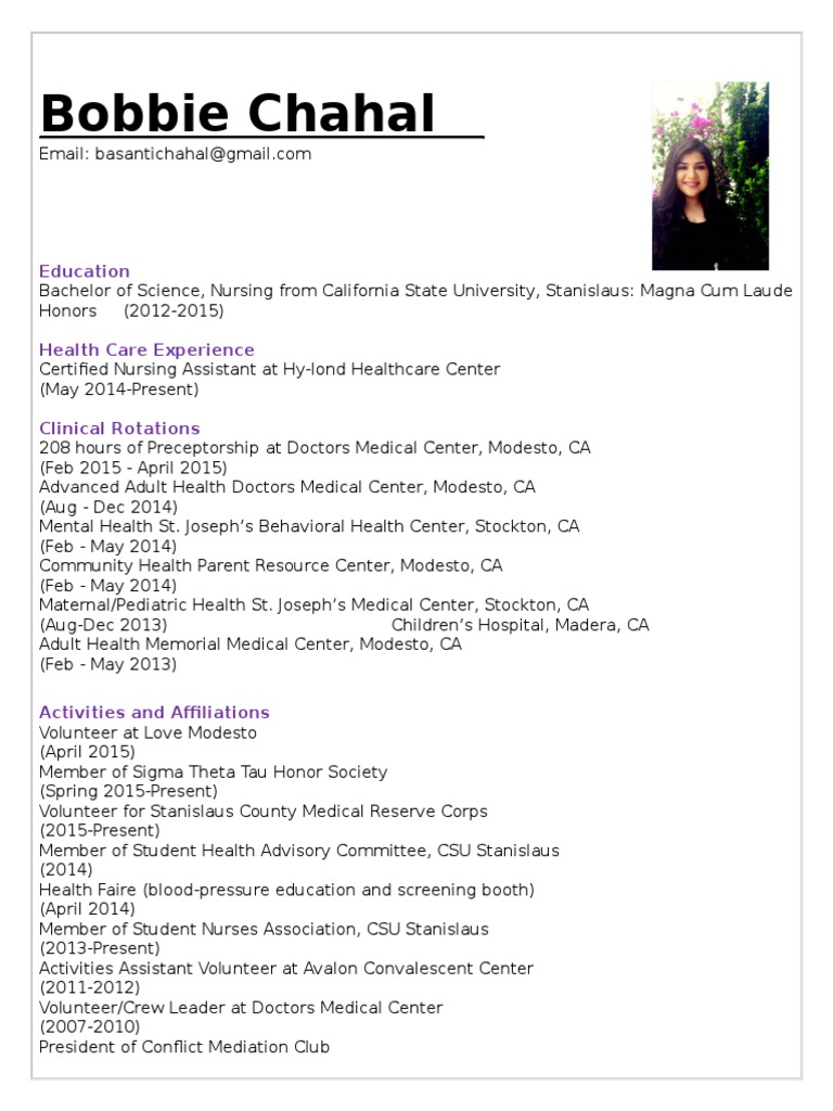 Bobbie Chahal: Nursing Resume Overview | PDF | Self-Improvement | Wellness