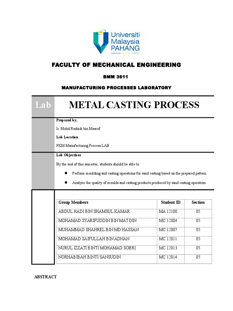 Casting Report Lab | PDF | Foundry | Casting (Metalworking)