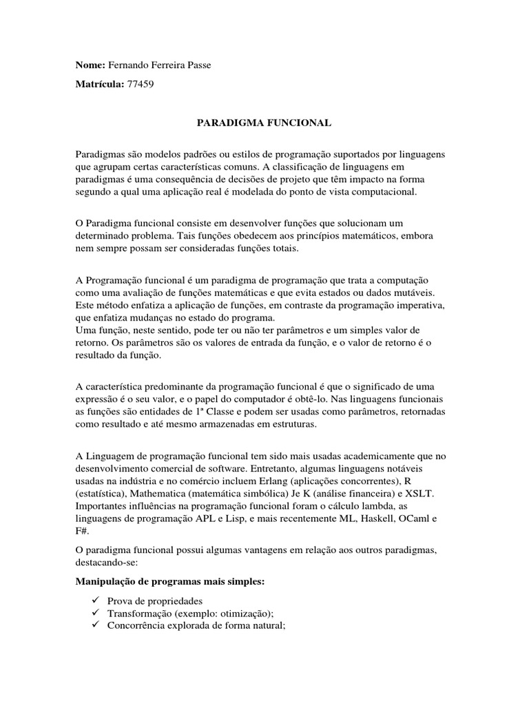 Paradigma Funcional | PDF | Programação funcional | Áreas de Ciência da ...