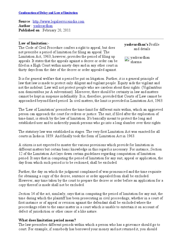 Condonation of Delay and Law of Limitation | Lawsuit | Appeal