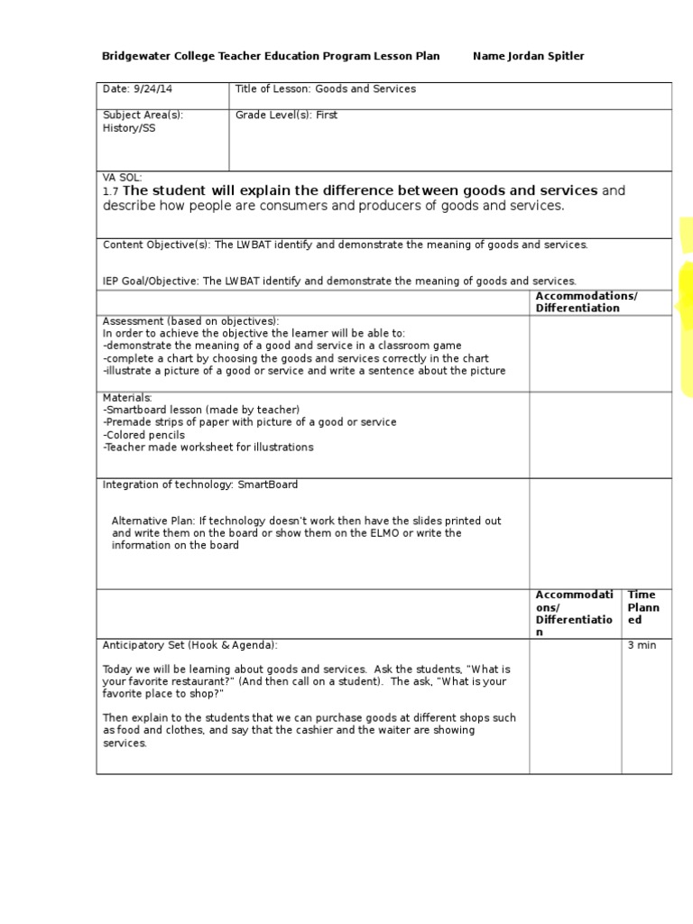 Goods and Services Lesson | PDF | Lesson Plan | Learning