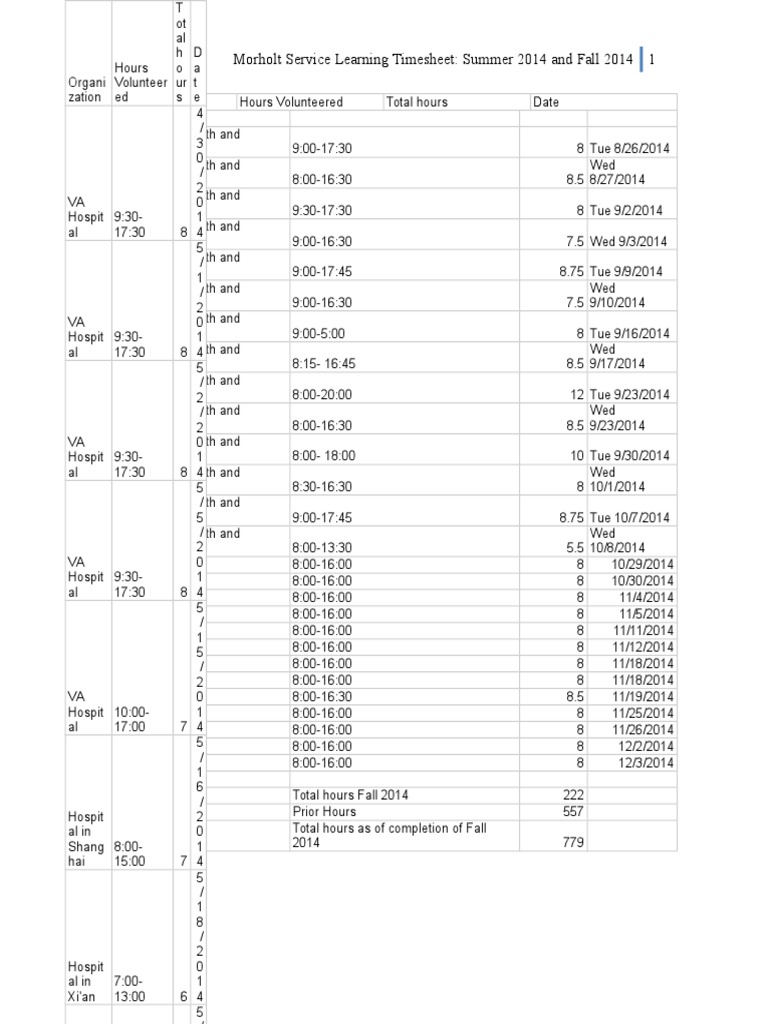 Morholt Service Learning Timesheet 2014 | PDF | Wellness