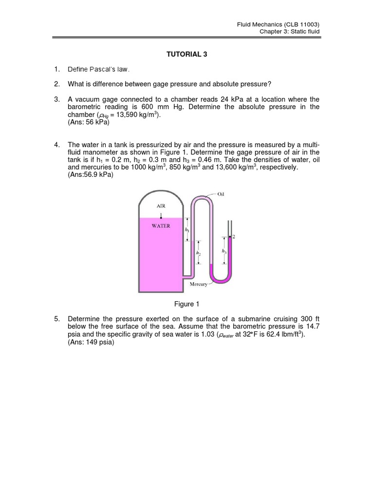 Tutorial 3 - jan2015.PDF (Fluid Mech) | PDF | Pressure Measurement | Pascal (Unit)