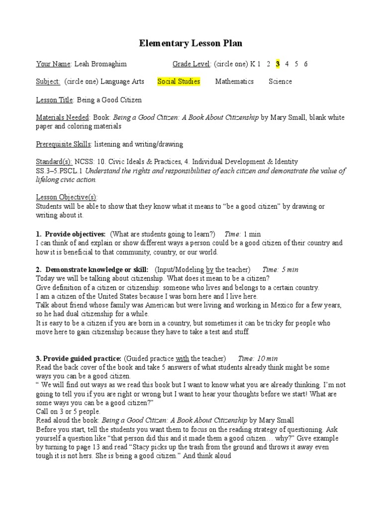3rd Grade Citizenship Social Studies Lesson Plan | PDF | Citizenship ...