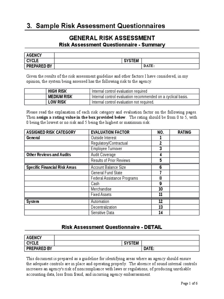 Sample Risk Assessment Questionnaires | PDF | Audit | Risk