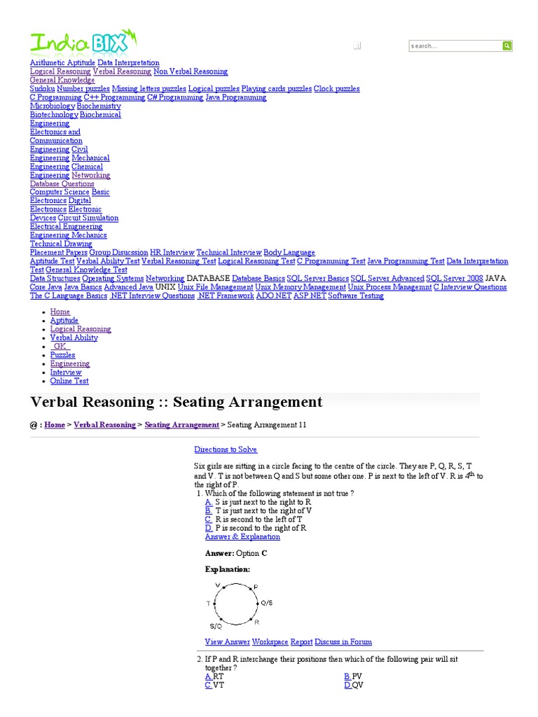 Seating Arrangement Seating Arrangement 11 - Verbal Reasoning Questions ...