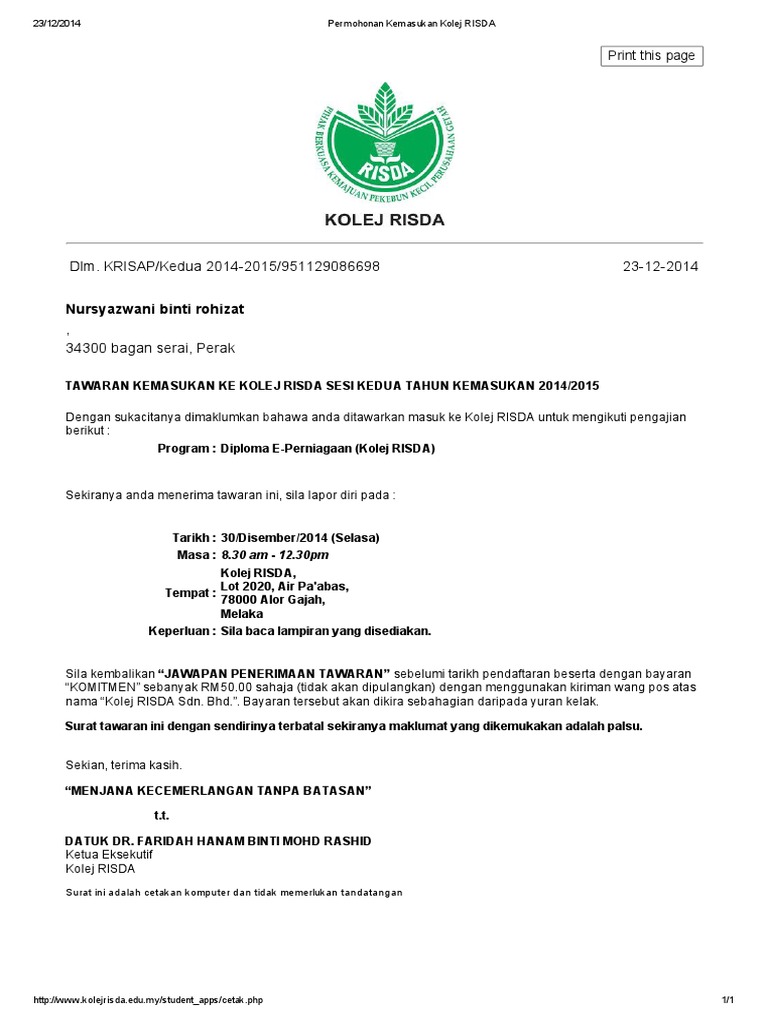 Permohonan Kemasukan Kolej RISDA PDF | PDF