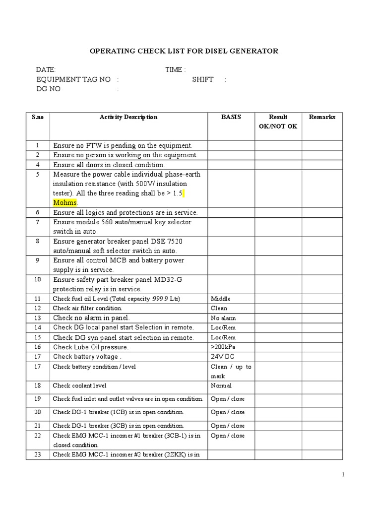 Diesel Generator Daily Operating Checklist | PDF | Switch | Electrical ...