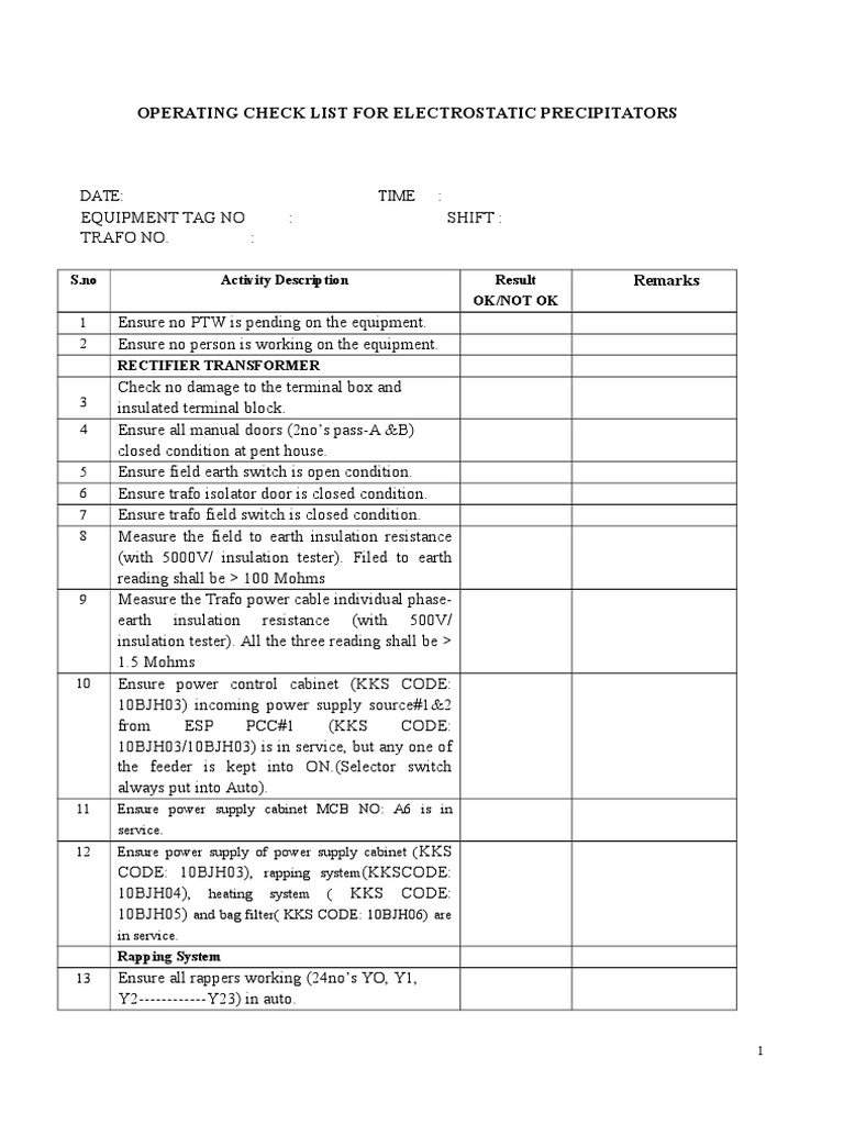 Operating Check List For Electrostatic Precipitators | PDF