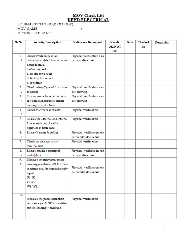 MOV Check List Dept: Electrical: Equipment Tag No (Kks Code) Mov Name ...