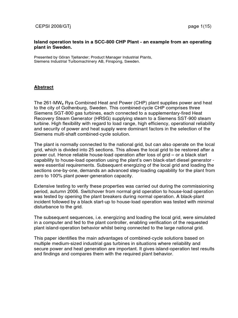 Island Operation Tests SCC-800 CHP Plant | PDF | Steam | Gas Turbine