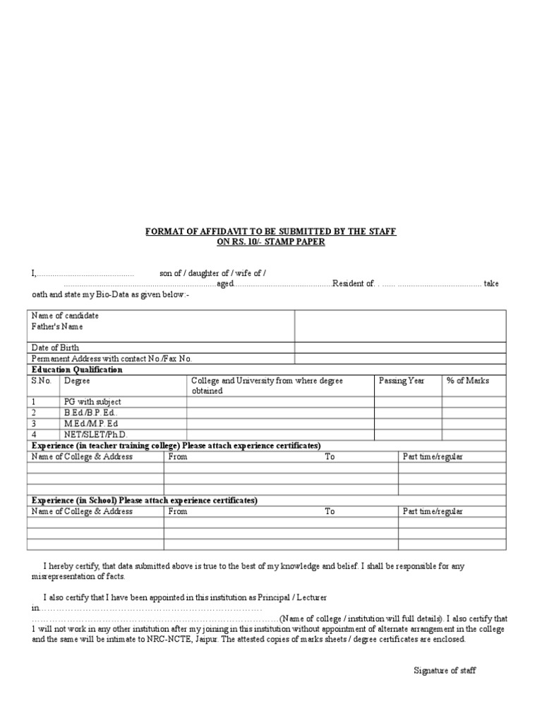 Format of Affidavit To Be Submitted by The Staff On Rs. 10/-Stamp Paper ...