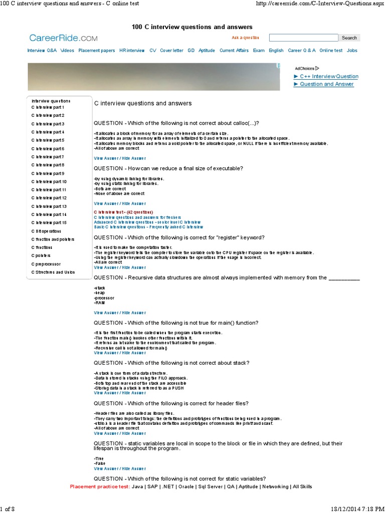100 C Interview Questions and Answers - C Online Test | PDF | C ...