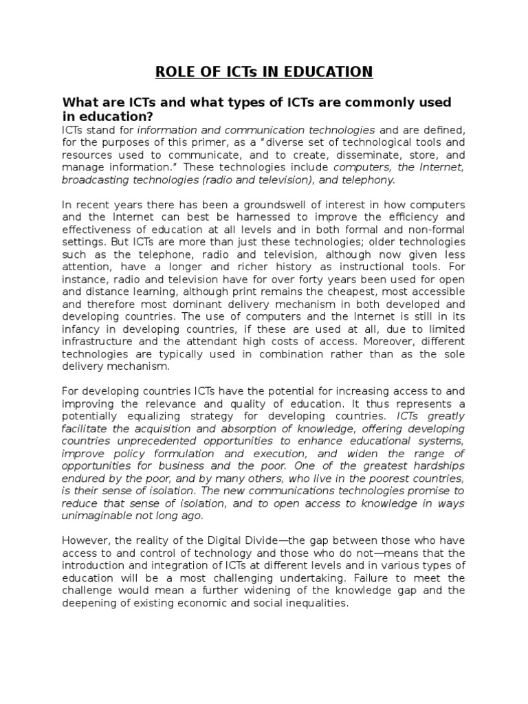 Role of ICT in Education | PDF | Learning | Information And ...