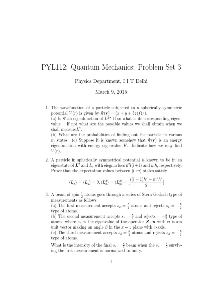 Quantum Mechanics Problem Set 3 | PDF | Science & Mathematics