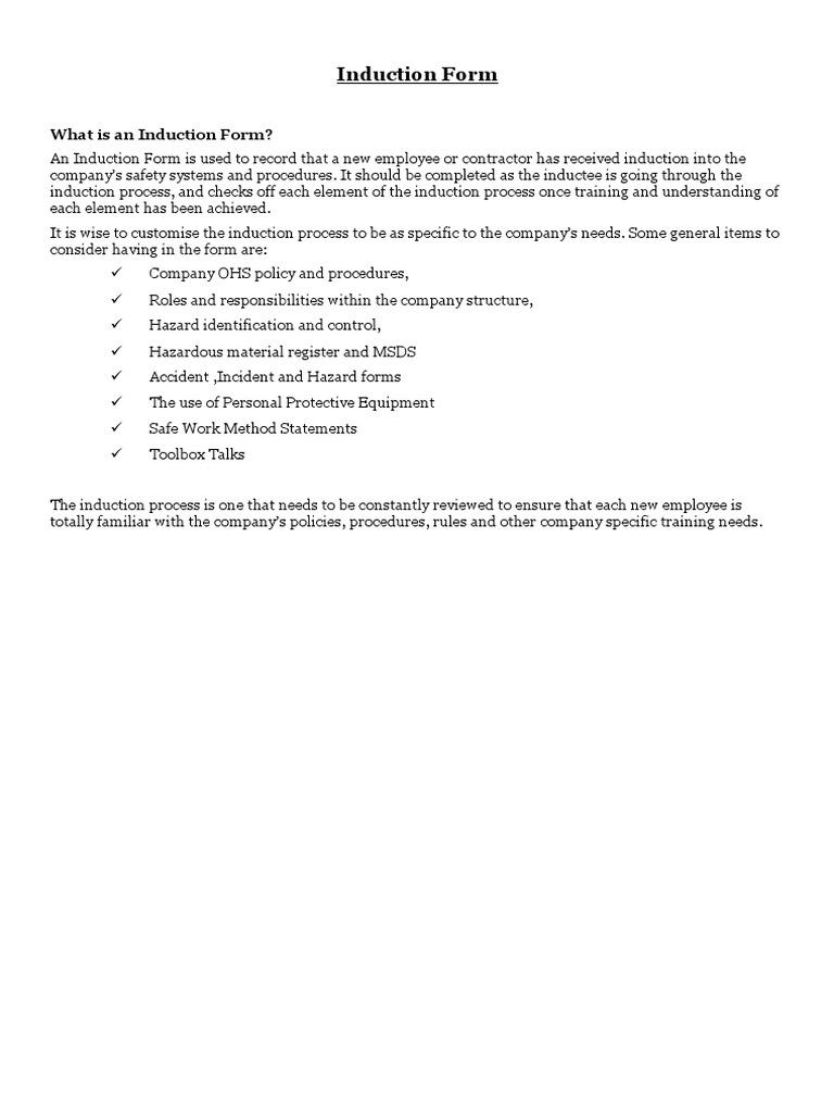 Essential Induction Form for New Employees | PDF | Career & Growth ...