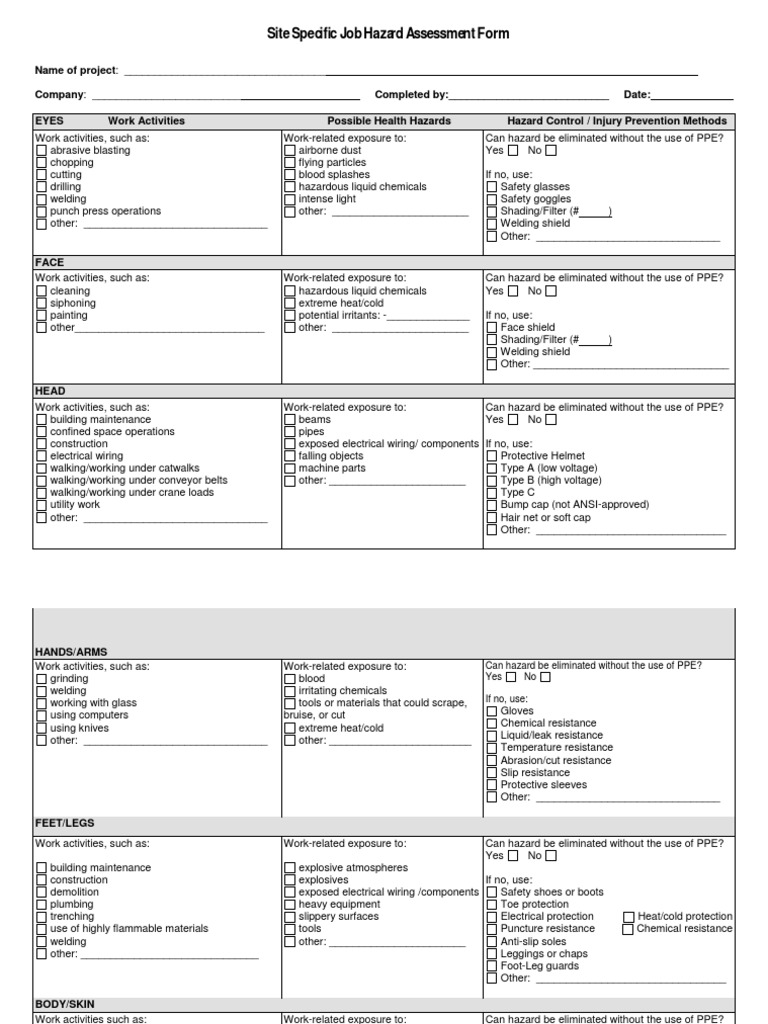 Site Specific Job Hazard Assessment Form | Personal Protective ...