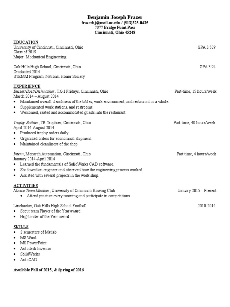 Benjamin Frazer's Resume: Mechanical Engineer | PDF