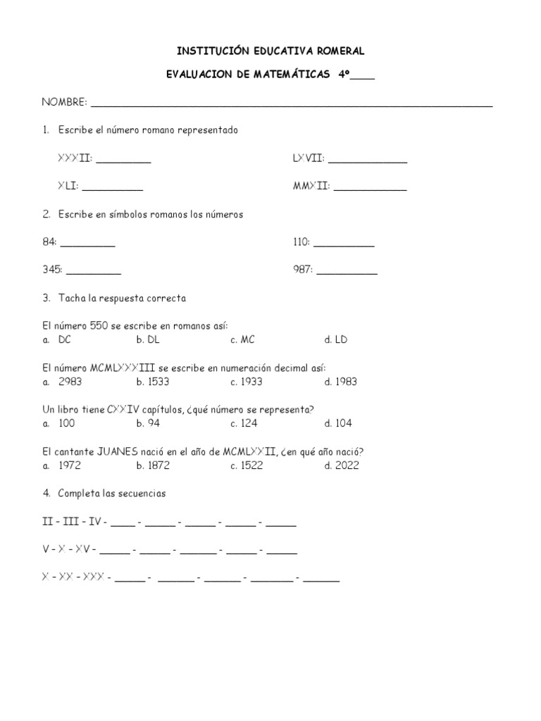 Evaluacionnumerosromanos 120324130856 Phpapp02 | PDF