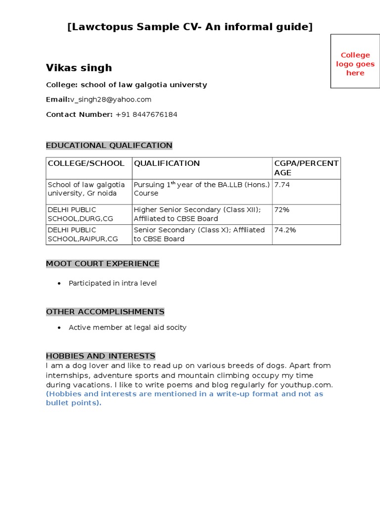 (Lawctopus Sample CV-An Informal Guide) : Educational Qualifcation ...