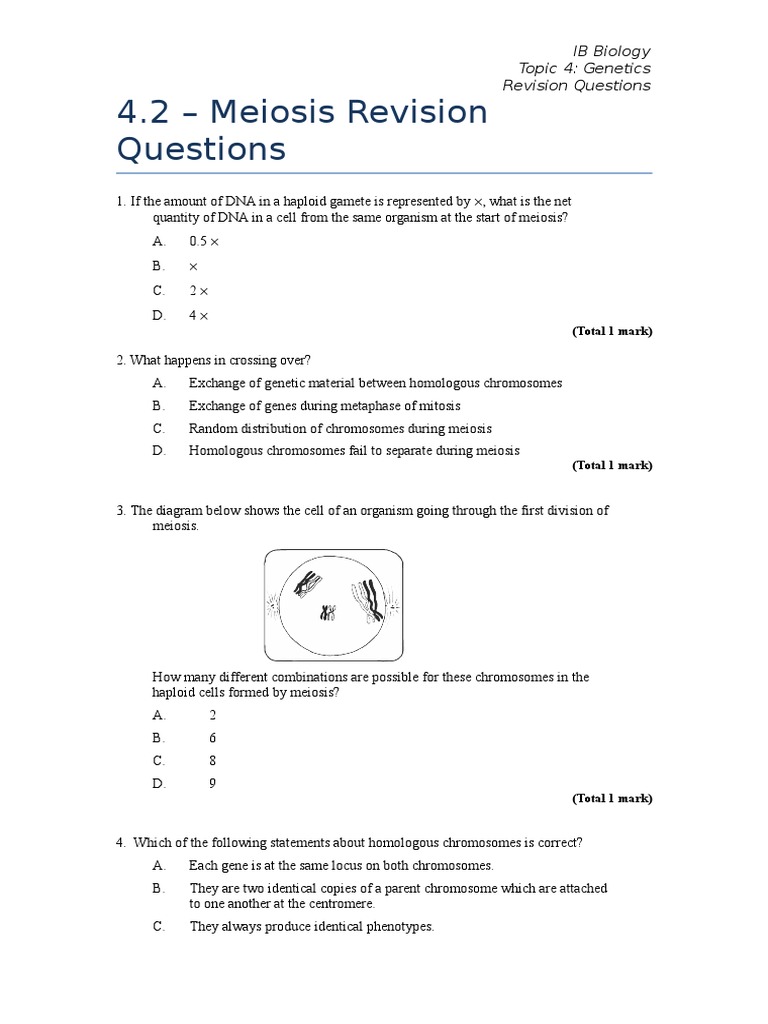 4.2 - Meiosis Revision Questions | Meiosis | Chromosome