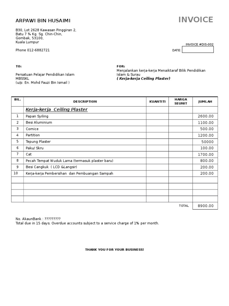 Invoice Surau Kerja-Kerja Ceiling Plaster | PDF