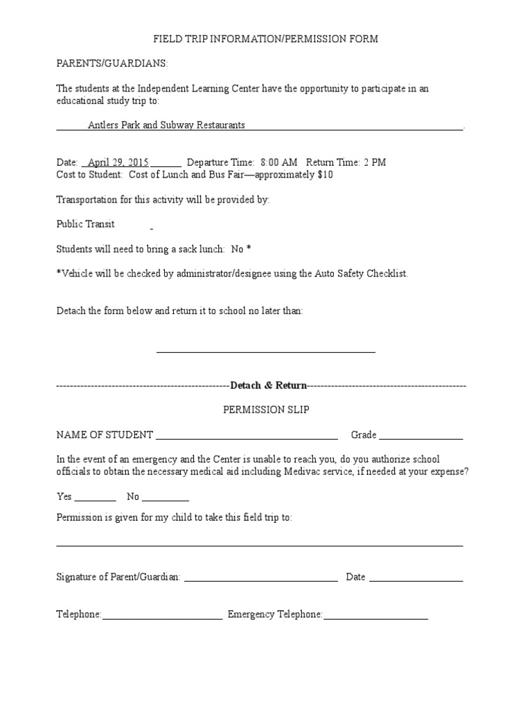 Field Trip Permission Form 2015 | PDF