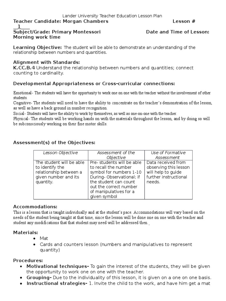 Montessori Lesson Plan for Numbers 1-10 | PDF | Educational Assessment ...