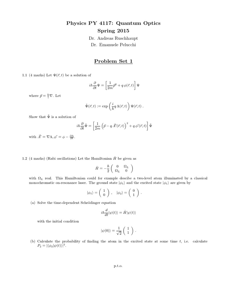 Quantum Optics Problem Set 1 | PDF