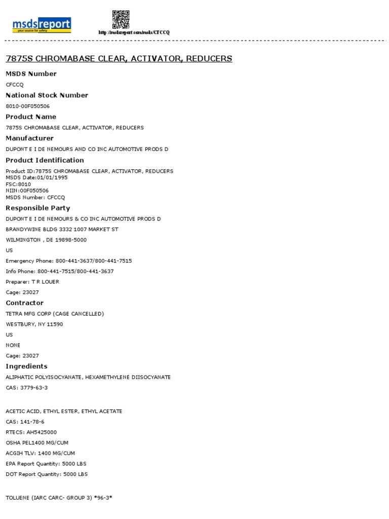 7875S CHROMABASE CLEAR ACTIVATOR REDUCERS MSDS | PDF | Firefighting ...