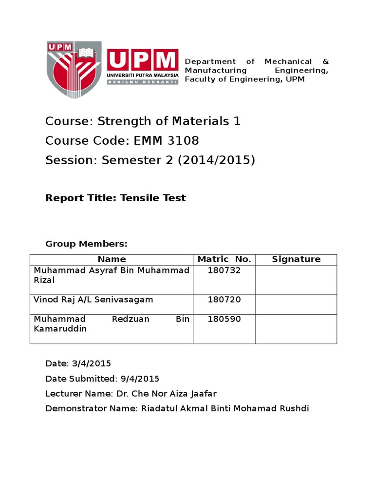 Tensile Test Lab Report | Ultimate Tensile Strength | Strength Of Materials