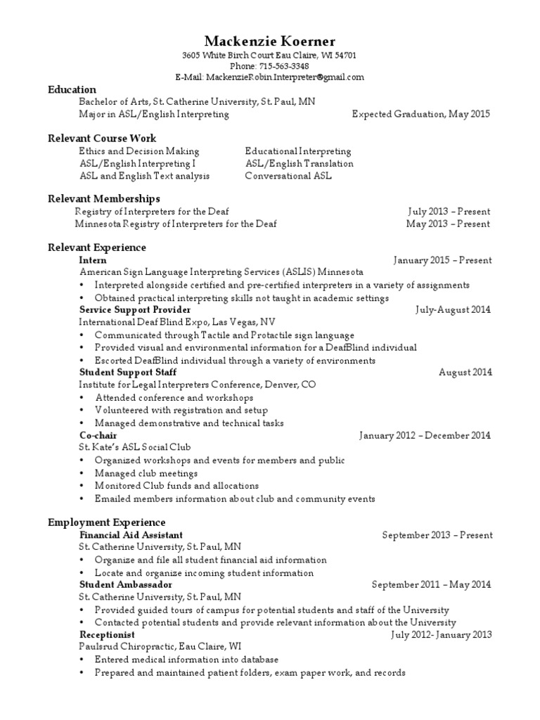 ASL/English Interpreter Resume | PDF | Career & Growth | Language Arts ...