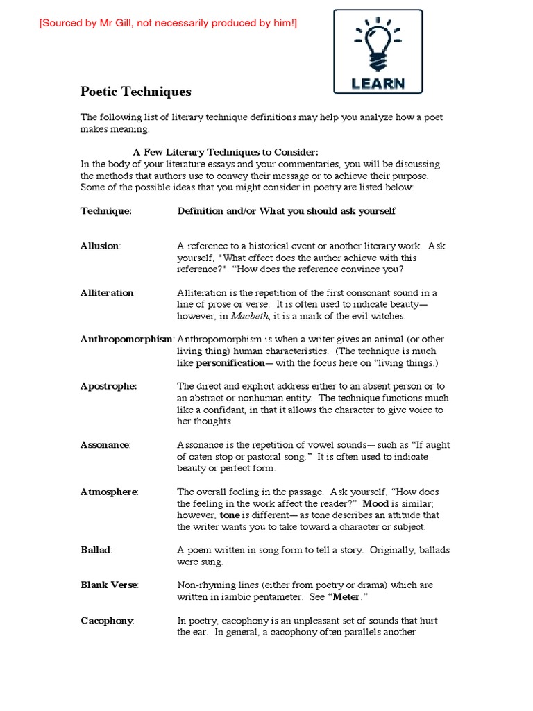 Poetic Techniques and Literary Devices | PDF | Sonnets | Poetry